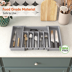 Lifewit Silverware Drawer Organizer, Expandable Utensil Tray for Kitchen, BPA Free Flatware and Cutlery Holder, Adjustable Plastic Storage for Spoons Forks Knives, Large, Grey