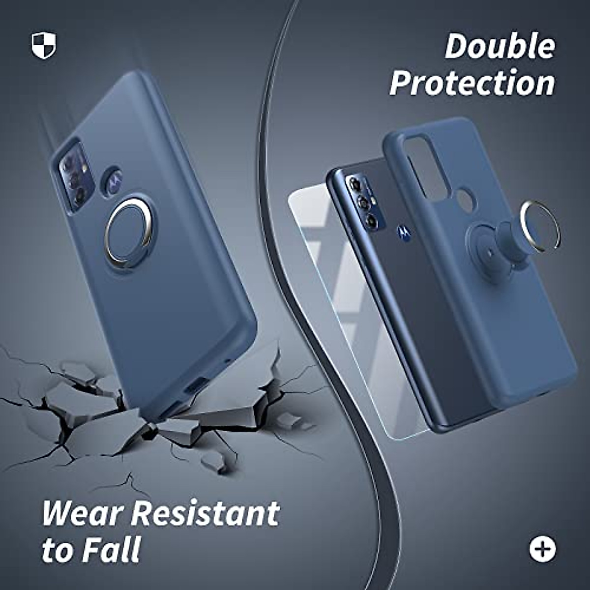 for Motorola Moto G Play 2023 | G Power 2022 | G Pure 2021 Case: with 2 Pack Tempered Screen Protector & Built in 360° Adjustable Ring Kickstand Shockproof Protection Soft TPU Silicone Phone Cover