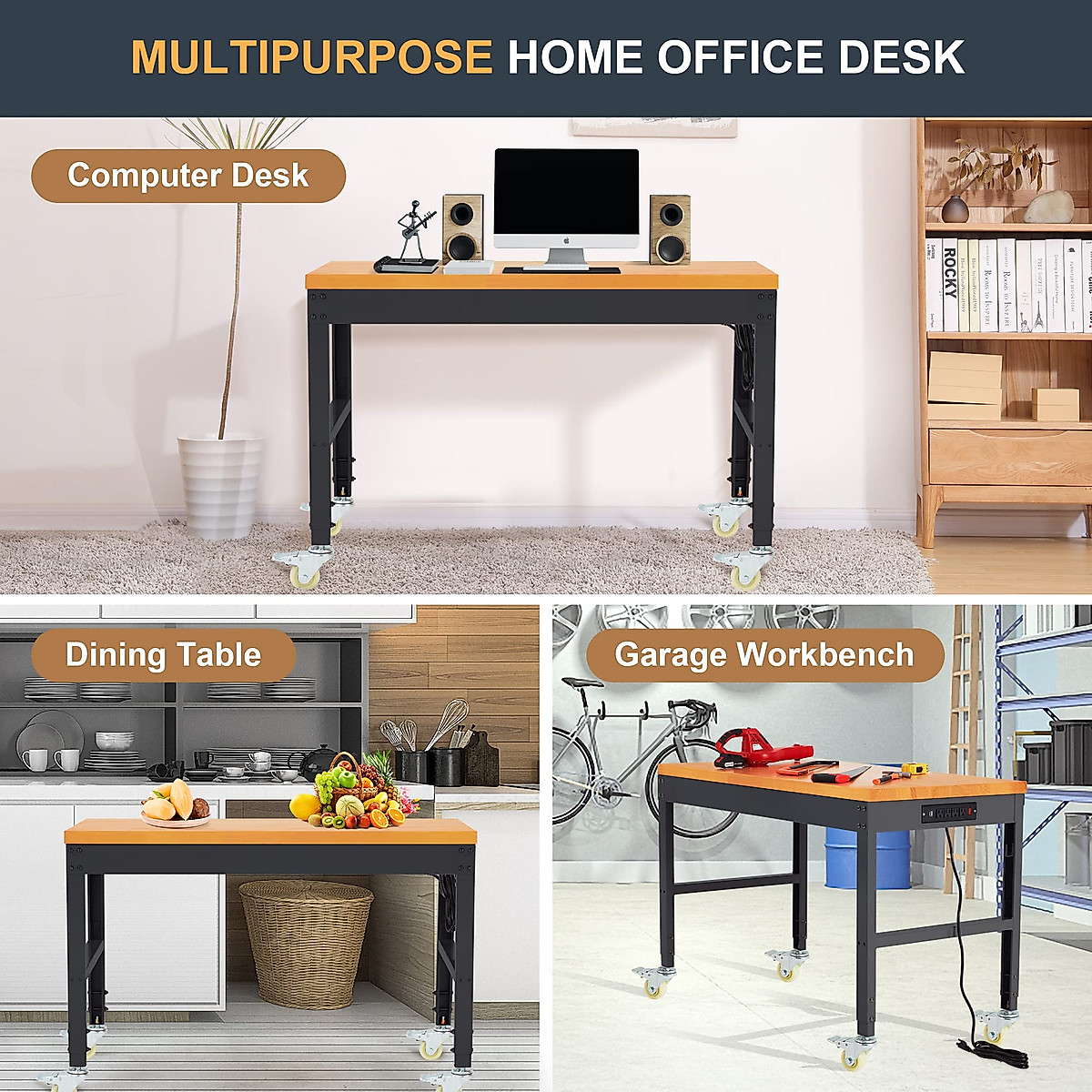 HABUTWAY Height Adjustable Workbench with Wheels 48" x 24" 2000 Lbs Capacity Oak Wood Work Station Heavy-Duty Rolling Work Tables for Garage Party Shop Office