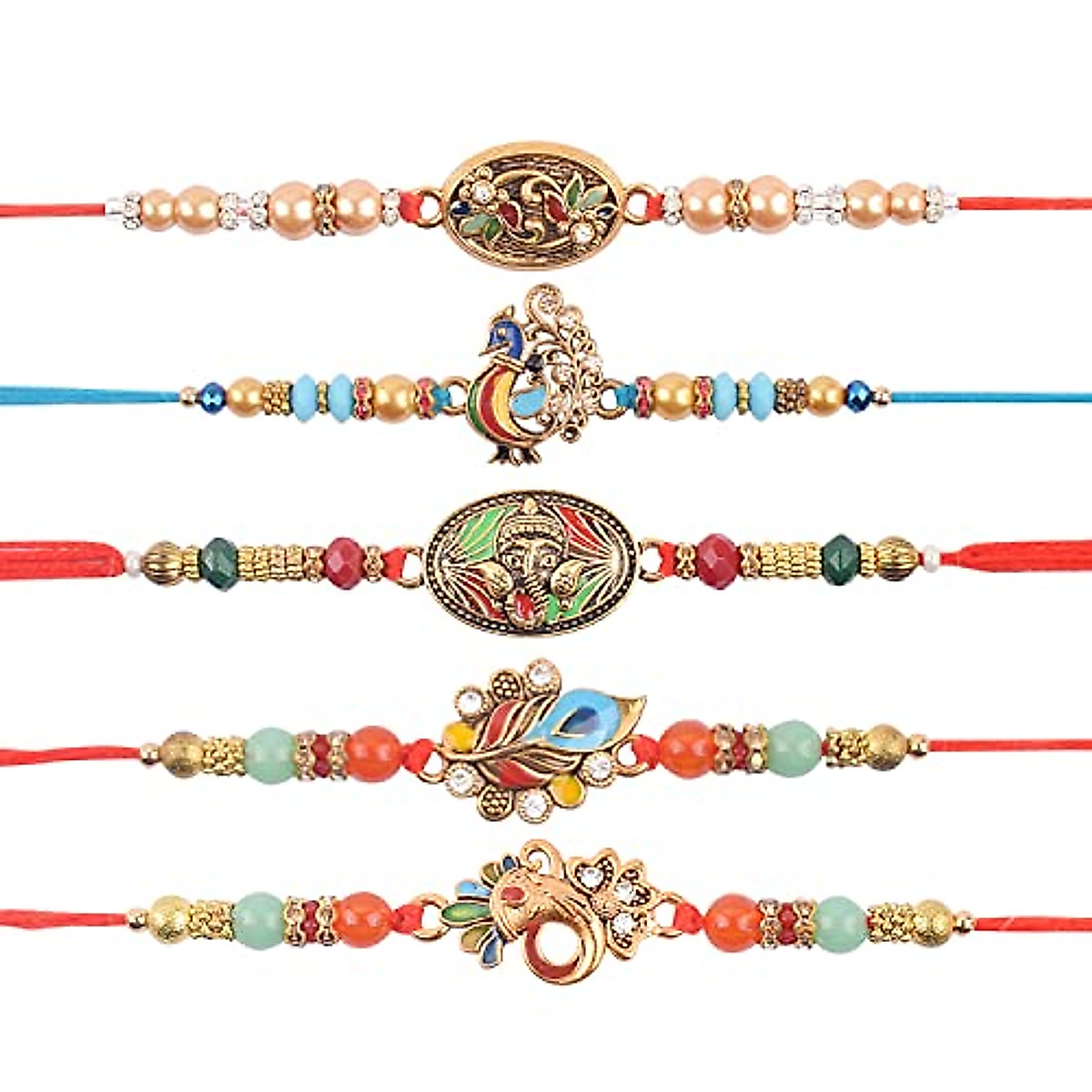 SATVIK 5 Pc Rakhi for Brother Bhaiya Bhabhi Traditional Handmade Assorted Designer Rakhi Set Roli Chawal, Greeting Card & Soun Stickers Rakhi Thread Rakhdi Bracelets Rakshabandhan