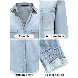Zilcremo Women Denim Shirt Dresses Long Sleeve Distressed Jean Dress Button Down Casual Tunic Top Lightblue XXL