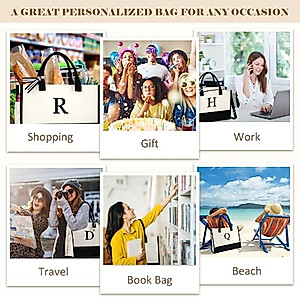 QLOVEA Personalized Birthday Gift for Women, Monogrammed Canvas Beach Tote Bag with Makeup Bag, Embroidery Tote Bag with Zipper, Inner Side Pocket, Wedding Bag for Bridesmaid Friendship Letter N