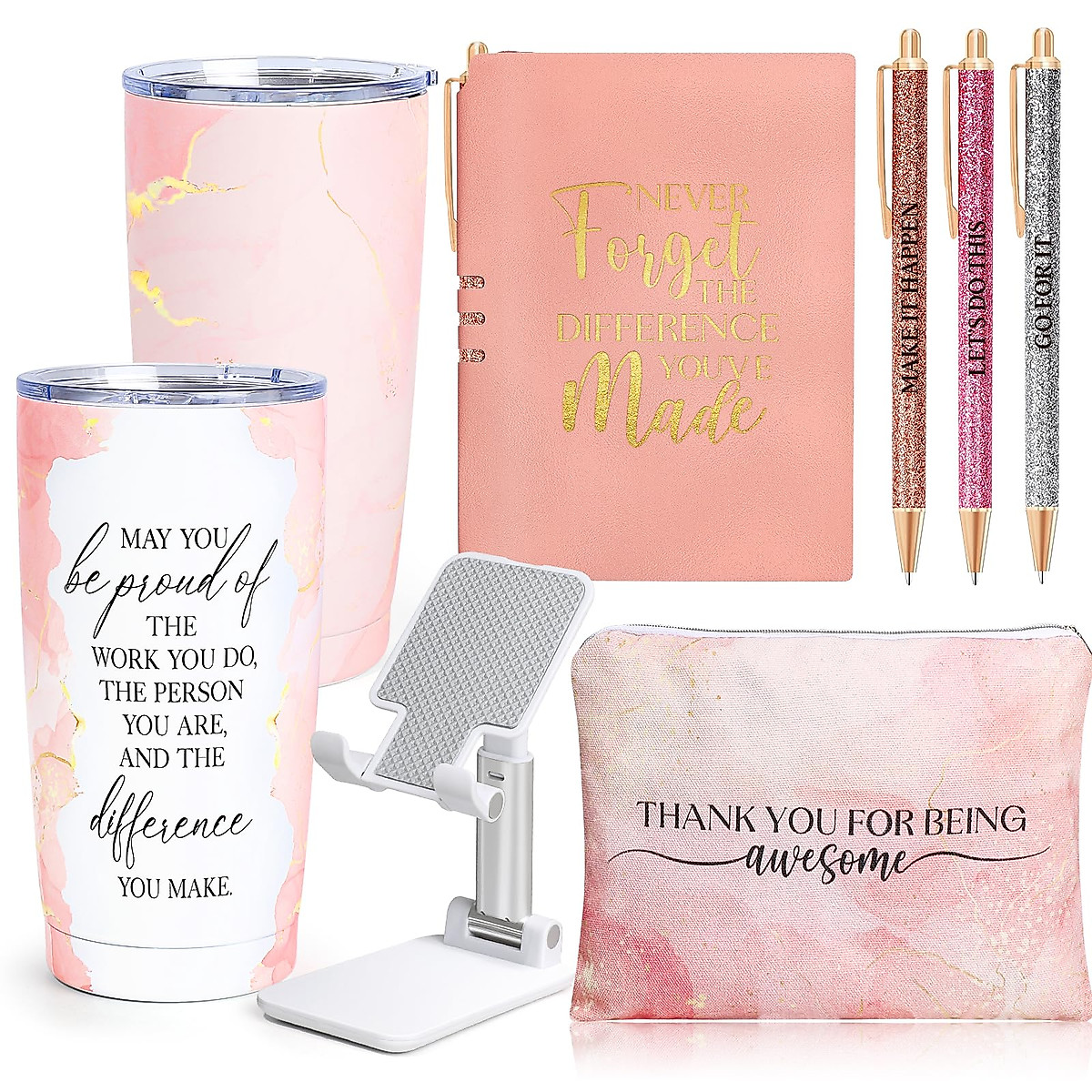 Employee Appreciation Gifts, Appreciation Gifts for Coworkers, 8 Pcs Christmas Gift for Employees Coworkers Teacher Staff Principal Nurse, Cool Thank You Gifts Baskets w/ Tumbler Notebook (Pink)