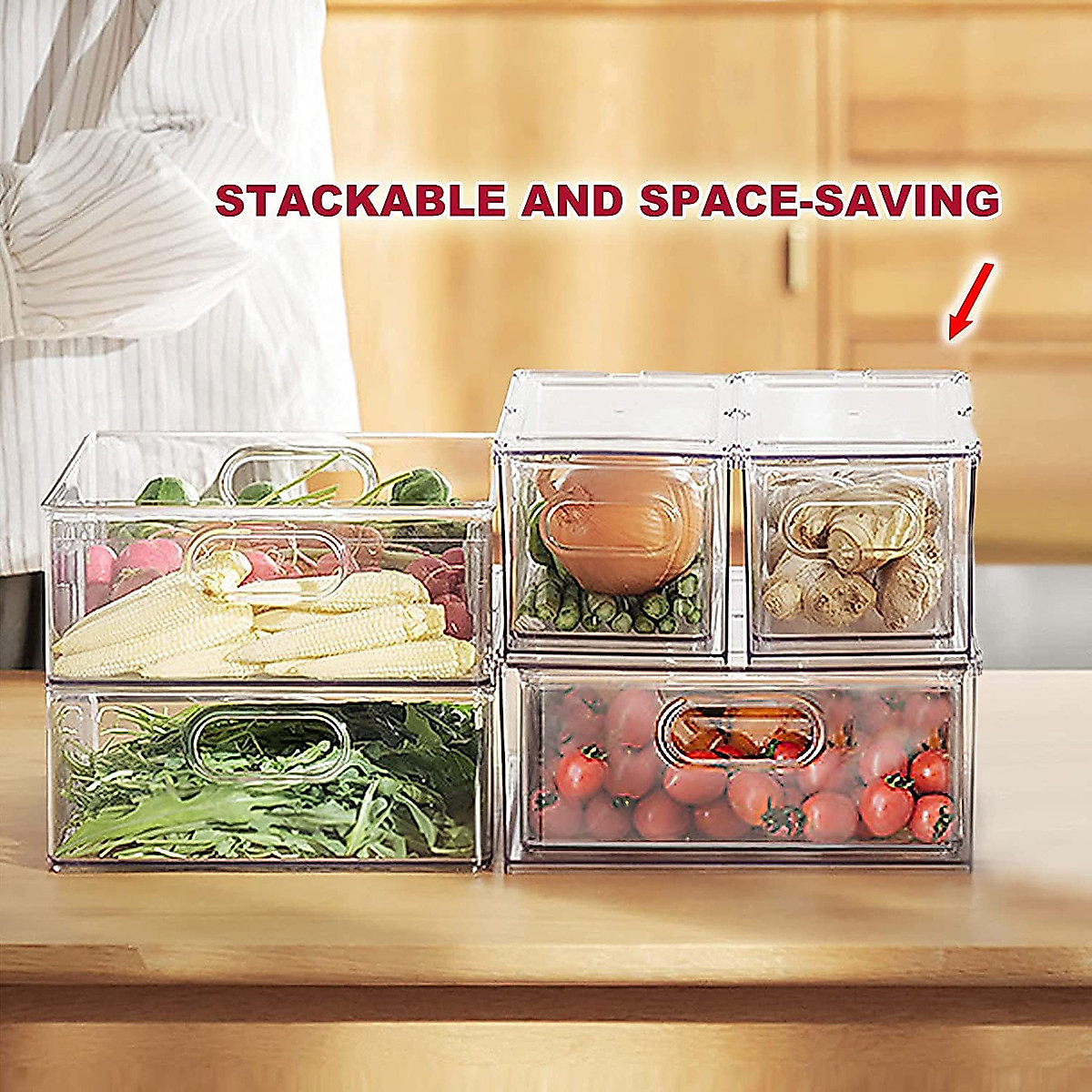 Refrigerator Organizer Bins with Pull-out Drawer, Large Stackable Fridge Drawer Organizer Set with Handle, BPA-free Drawable Clear Storage Cases for Freezer, Cabinet, Kitchen, Pantry Organization