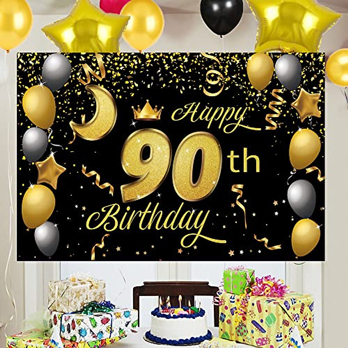 Sweet Happy 90th Birthday Backdrop Banner Poster 90 Birthday Party Decorations 90th Birthday Party Supplies 90th Photo Background for Girls,Boys,Women,Men - Black Gold 72.8 x 43.3 Inch