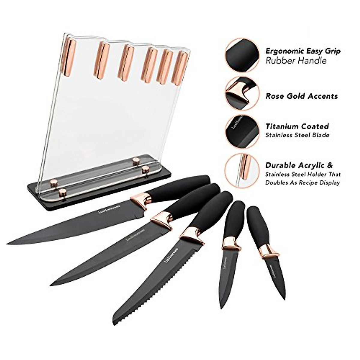 6 Piece Knife Set | 5 Beautiful Rose Gold Knives with Knife Block | Sharp Kitchen Knife Sets | Multiple Size, All Purpose Kitchen Knives | 8” Chef, Bread, & Carving Knife | Utility & Paring Knife