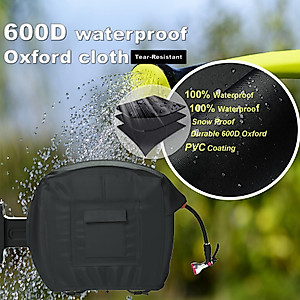 Garden Hose Reel Cover UV Resistant, 100% Waterproof and Anti-Fading Cover for Water Hose Reel，Heavy Duty 600D Polyester Coated Material,With Storage Function ，Black(21.6″ x 15.7″ x 21.6″)