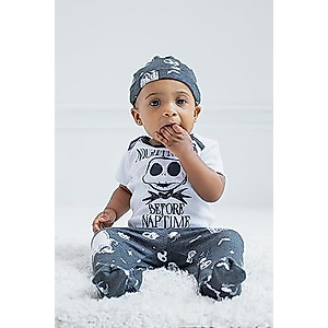 Disney Nightmare Before Christmas Newborn Baby Boys Short Sleeve Bodysuit Pants and Hat 3 Piece Outfit Set 0-3 Months