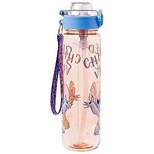 Silver Buffalo Disney Lilo and Stitch Chilled Vibes Plastic Water Bottle with Locking Lid, Strap, and Straw, 33 Ounces