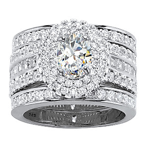 PalmBeach 14K Yellow Gold or Platinum Plated Sterling Silver Oval Cut Cubic Zirconia Double Halo Bridal Ring Set Size 8