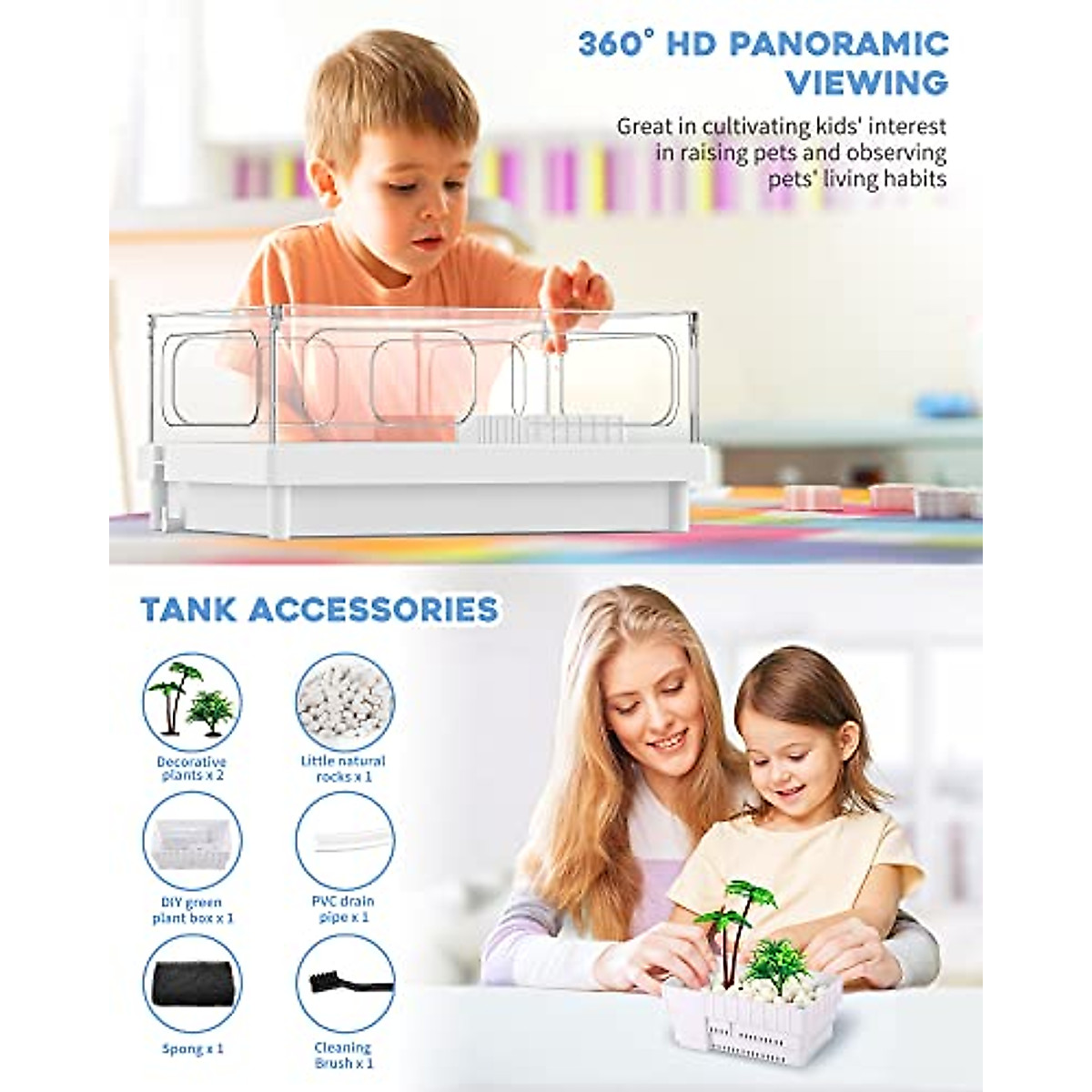 MoonOrange Small Turtle Tank, Turtle Aquarium, Acrylic Turtle Terrarium with Basking Platform, Bottom Drainage, Multi-Function Areas for Turtles, Crabs, Crayfish, Small Reptiles. (White Tank)