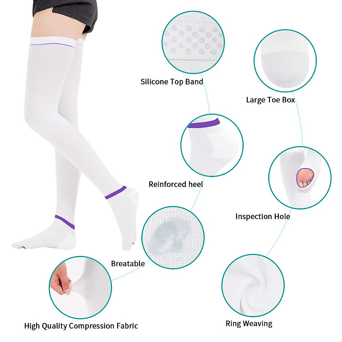 T.E.D. Anti Embolism Stockings for Women Men Thigh High, 15-20 mmHg Compression TED Hose with Inspect Toe Hole