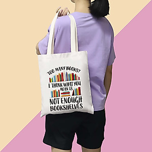 BDPWSS Book Lover Tote Bag For Women Bookworm Librarian Gift Book Club Reading Lover Reusable Shoulder Bag Funny Library Gift (Too many books TG)