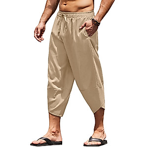 COOFANDY Mens Cotton Linen Baggy Harem Pant Casual Hippie Boho Beach Yoga Wide Leg Capri Pants with Pockets Khaki