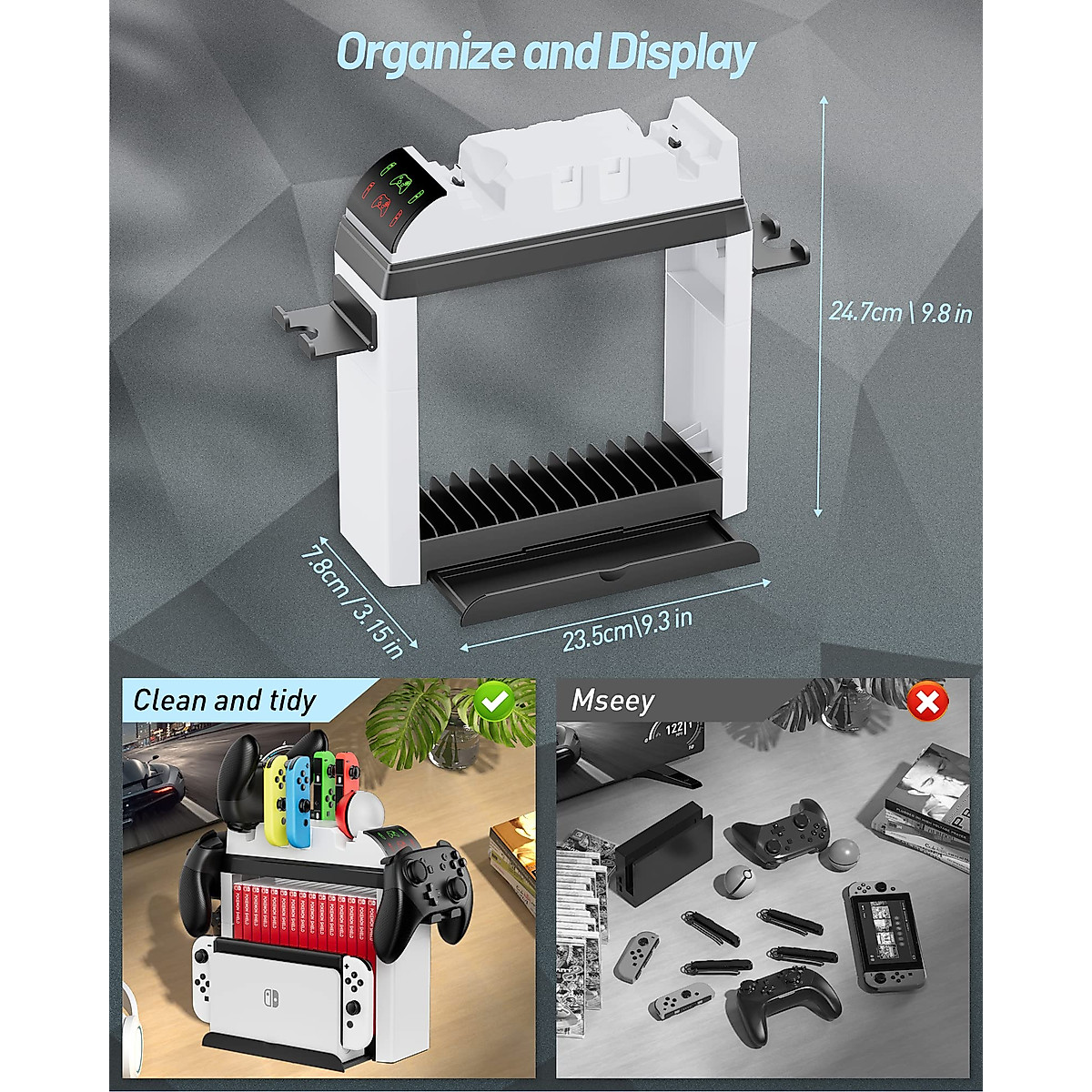 Switch Organizer with Controller Charging Station, ZAONOOL Charger Stand for Nintendo Switch & OLED Joycon, Pro Controller, Accessories Storage Tower for Games, TV Dock