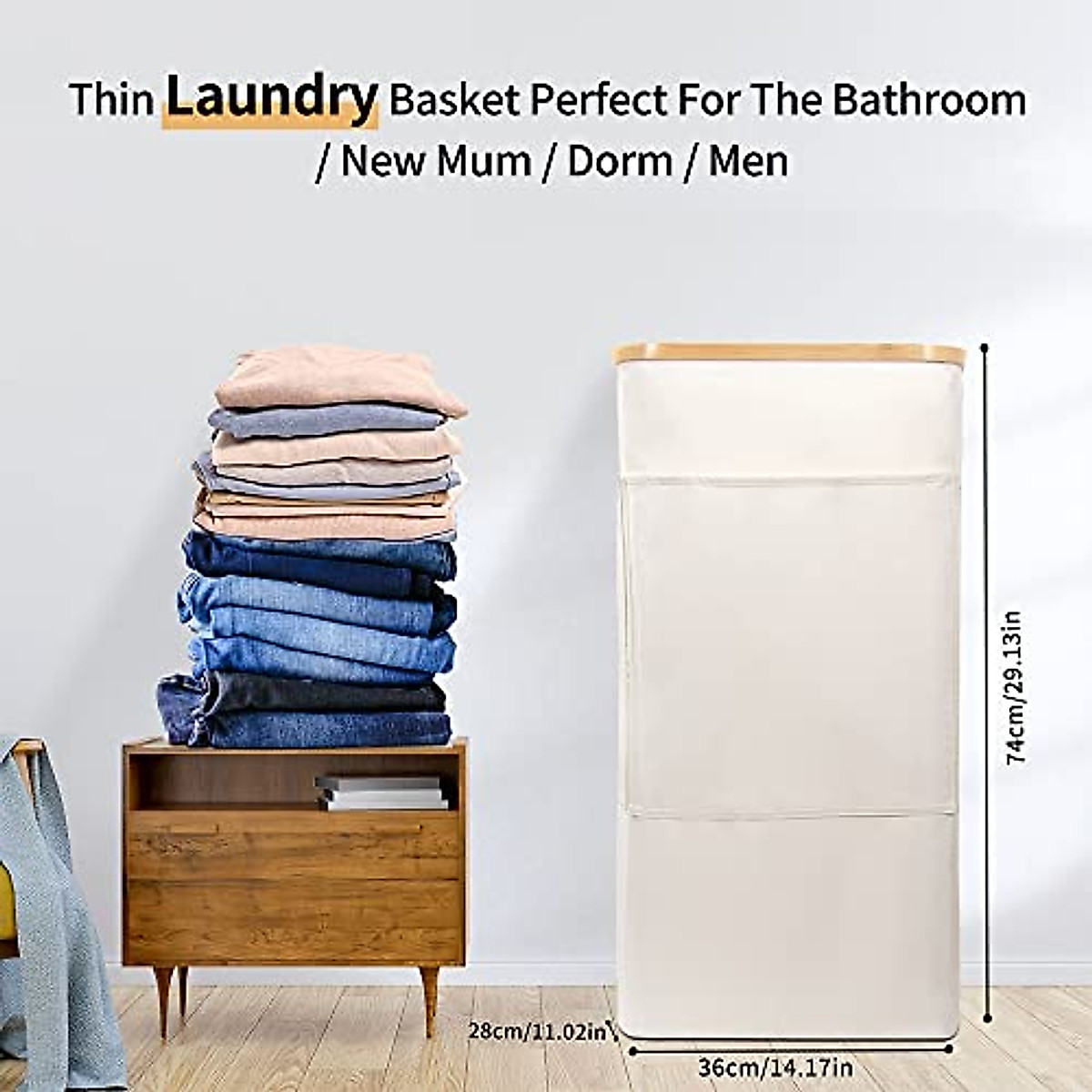Laundry Baskets with lid, Laundry Hamper with Removable Waterproof Bag, Bamboo Handle Tall & Slim Wash Basket for Bathroom Bedroom Closet Dorm, Essential Dirty Clothes Hamper for Men Boy New Mum