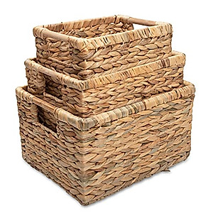 Wicker Baskets for Storage Organizing, Water Hyacinth Storage Baskets Rectangular with Wooden Handles for Shelves, Natural Wicker Storage Basket Bins - Set of Wicker Baskets for Home Organization