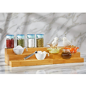 RoyalHouse Bamboo Expandable Spice Rack Organizer 3-Tier Kitchen Cabinet Space Space Saver Countertop Display Shelf