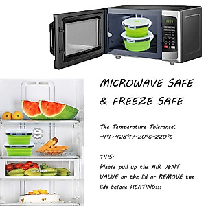 Collapsible Silicone Food Storage Containers with Airtight Lids, Set of 4 Bento Box for Kids Adults,Microwave and Freezer and Dishwasher Safe, with Vent Valve, BPA Free (Green, 500ml and 800ml)