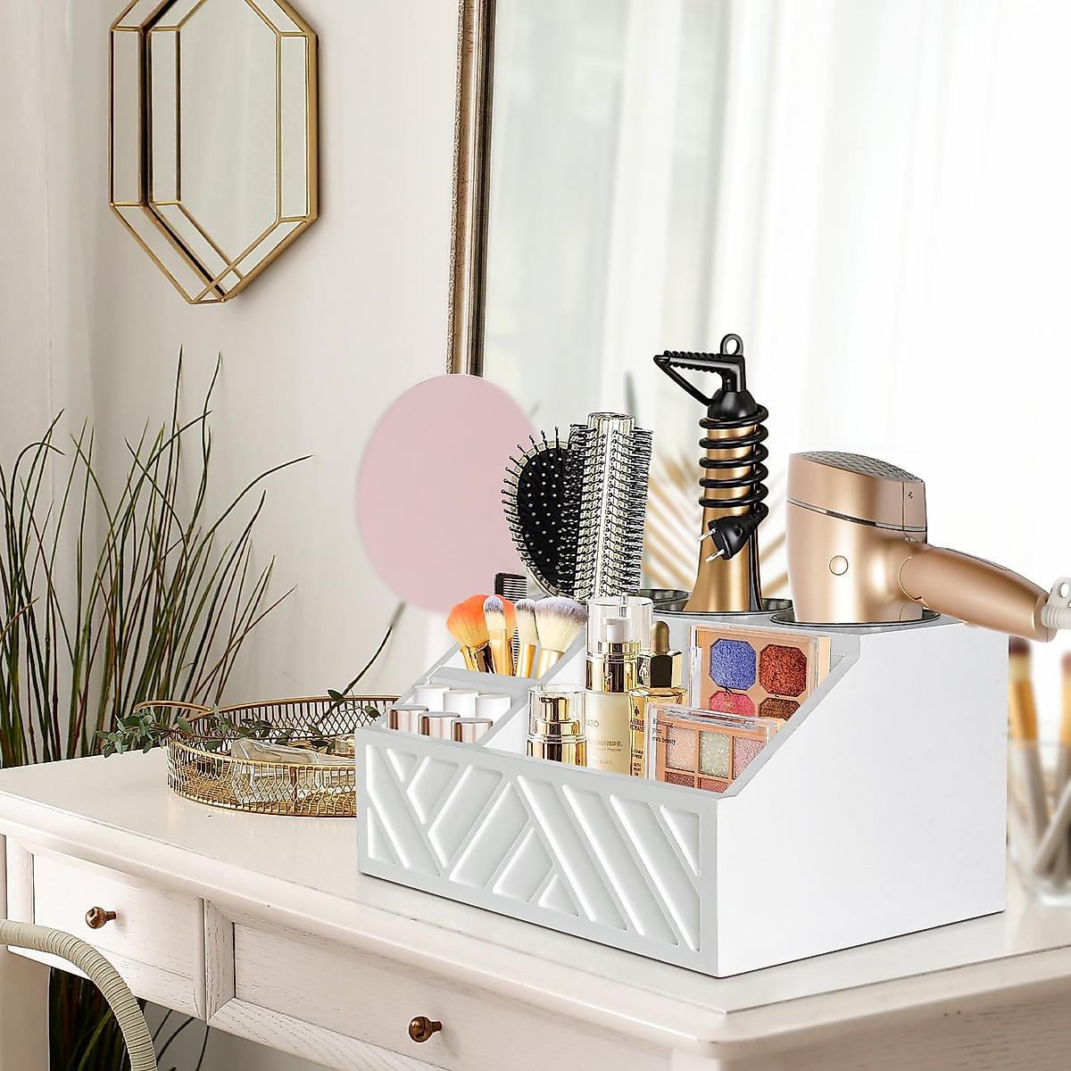 Unistyle Hair Dryer Holder Wall Mounted, Hair Tool Organizer, Bathroom Countertop Organizer for Bathroom Accessories, Wood Bathroom Blow Dryer Holder and Vanity Organizer, Makeup Storage(White)