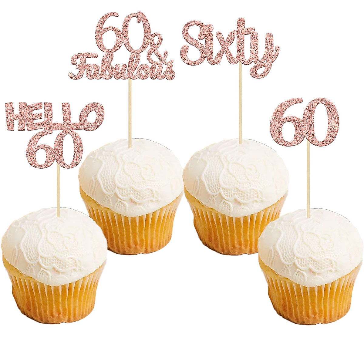 Gyufise 24Pcs Rose Gold Glitter 60th Birthday Cupcake Toppers Hello 60 Sixty Cake Toppers 60 & fabulous Cupcake Picks 60th Birthday Cake Decorations Supplies