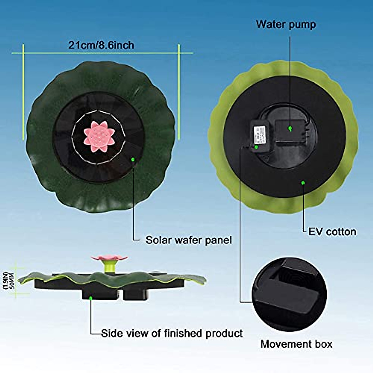 Free Standing Solar Water Fountain Floating Bird Bath Fountain with 5 Flower Shape Nozzles,Monocrystalline Solar Pond Pump for Outdoor Garden Pool,Lotus Leaf Solar Fountain Pump-Lotus 21cm(8.26inch)