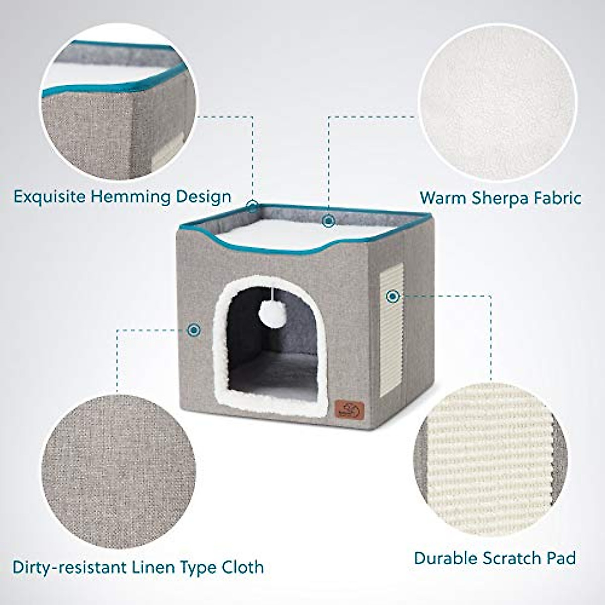 Bedsure Cat Beds for Indoor - Large Cat Cave for Pet House with Fluffy Ball Hanging and Scratch Pad, Foldable Hideaway,16.5x16.5x14 inches, Grey