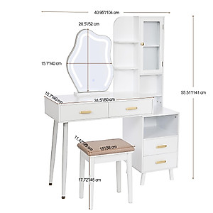 ANWBROAD White Vanity with Lighted Mirror Vanity Desk with Mirror and Lights Girls Vanity with Power Outlet Stool Drawers Shelves Charging Station 3 LED Lighting Modes Bedroom Makeup Table UBDT55W