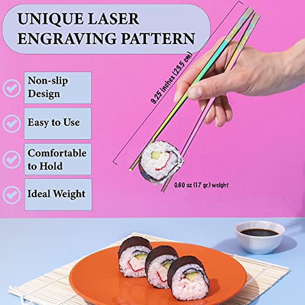 EMRSTORES Stainless Steel Chopsticks - Laser Engraved Premium Multicolor Reusable Chopsticks - 5 Pairs Dishwasher Safe Metal Chopsticks - Easy to Use - Square Lightweight Chop Sticks - Gift Set