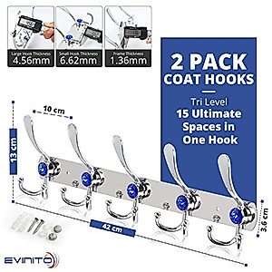 2 Pack Coat Hooks Wall Mounted – Premium Stainless Steel 5, Tri-Wall Hooks for Hanging Coats & Towels with Embedded Blue Jems – Heavy Duty Closet Hooks for Hanging Clothes, Robes, Hats (Silver)