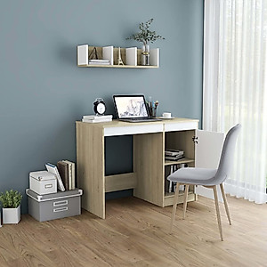 WRJENFSC Desk Writing Desks Secretary Desk Bedroom Desks Computer Desk with Storage White and Sonoma Oak 39.4"x19.7"x29.9" Engineered Wood Suitable for study, bedroom, living room, office