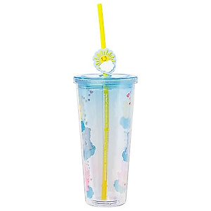 Silver Buffalo Care Bears Featuring Funshine Bear, Grumpy Bear, and Love-a-Lot Bear Glitter Plastic Cold Cup with Lid and Straw Topper, 24 Ounces