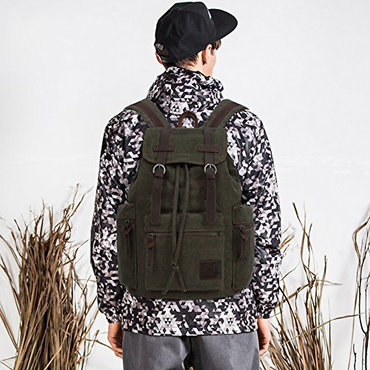 KAUKKO Vintage Casual Canvas and Leather Rucksack Backpack, 1Navy