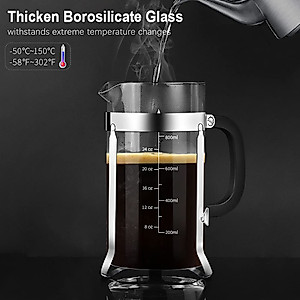 QUQIYSO French Press Coffee Maker 34oz 304 Stainless Steel French Press with 4 Filter, Heat Resistant Durable, Easy to Clean, Borosilicate Glass Coffee Press, 100% BPA Free Glass Teapot, Silver