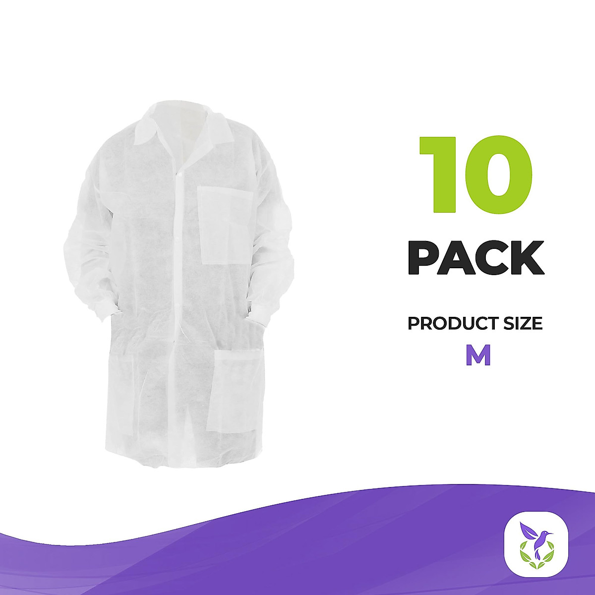 AMZ Disposable Lab Coats for Adults Medium, Spunbonded Polypropylene Medical Robes for Men and Women Pack of 10, Disposable Smocks 50 GSM, Lab Coats with Snaps, Folded Collar, Knit Wrists, 3 Pockets