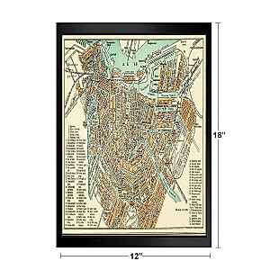 Amsterdam Netherlands Vintage Antique Travel World Map with Cities in Detail Map Posters for Wall Map Art Wall Decor Geographical Illustration Tourist Travel Black Wood Framed Wall Art 14x20