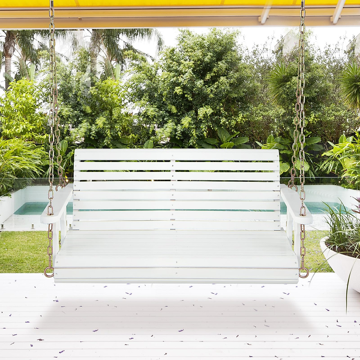 Tangkula 2 Person Hanging Porch Swing, Outdoor Bench Swing with Adjustable Chains, High Back, Cozy Armrests, Wooden Tree Swing Chair for Patio Backyard Deck Garden (White)