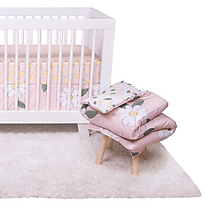 Trend Lab Modern Baby Crib Bedding Set for Girls | Lemon Floral 4 Piece Nursery Décor Quilt, 2 Fitted Crib Sheets, and Dust Ruffle Skirt - Pink, Yellow. Green, 80010