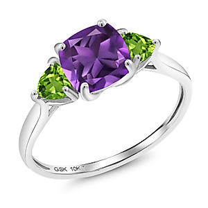 Gem Stone King 10K White Gold Purple Amethyst and Green Peridot 3-Stone Engagement Ring For Women (1.92 Cttw, 7MM Cushion and 4MM Trillion, Available In Size 5, 6, 7, 8, 9)