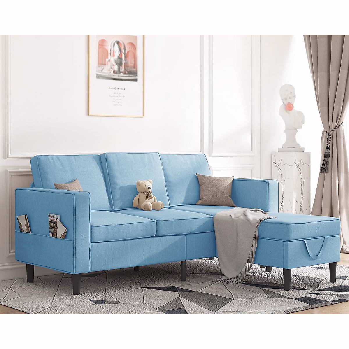Mjkone Convertible Sectional Sofa Couch, 3-Seat L-Shaped Sofa with Storage Ottoman, Wooden Couch Legs Modern Linen Fabric Reversible Chaise for Living Room, Studio, Apartment - Blue
