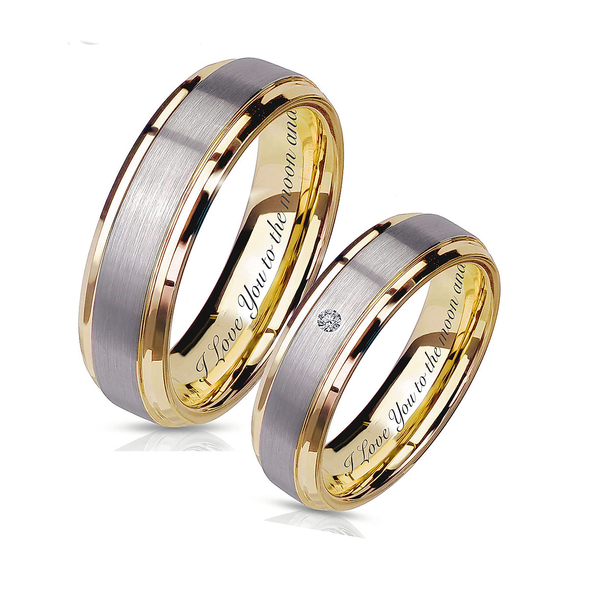 Personalized Two Tone Brushed Silver & Gold Ring Set Custom Engraved Free - Couple's Ring Set - Wedding Band Set - Ships From USA