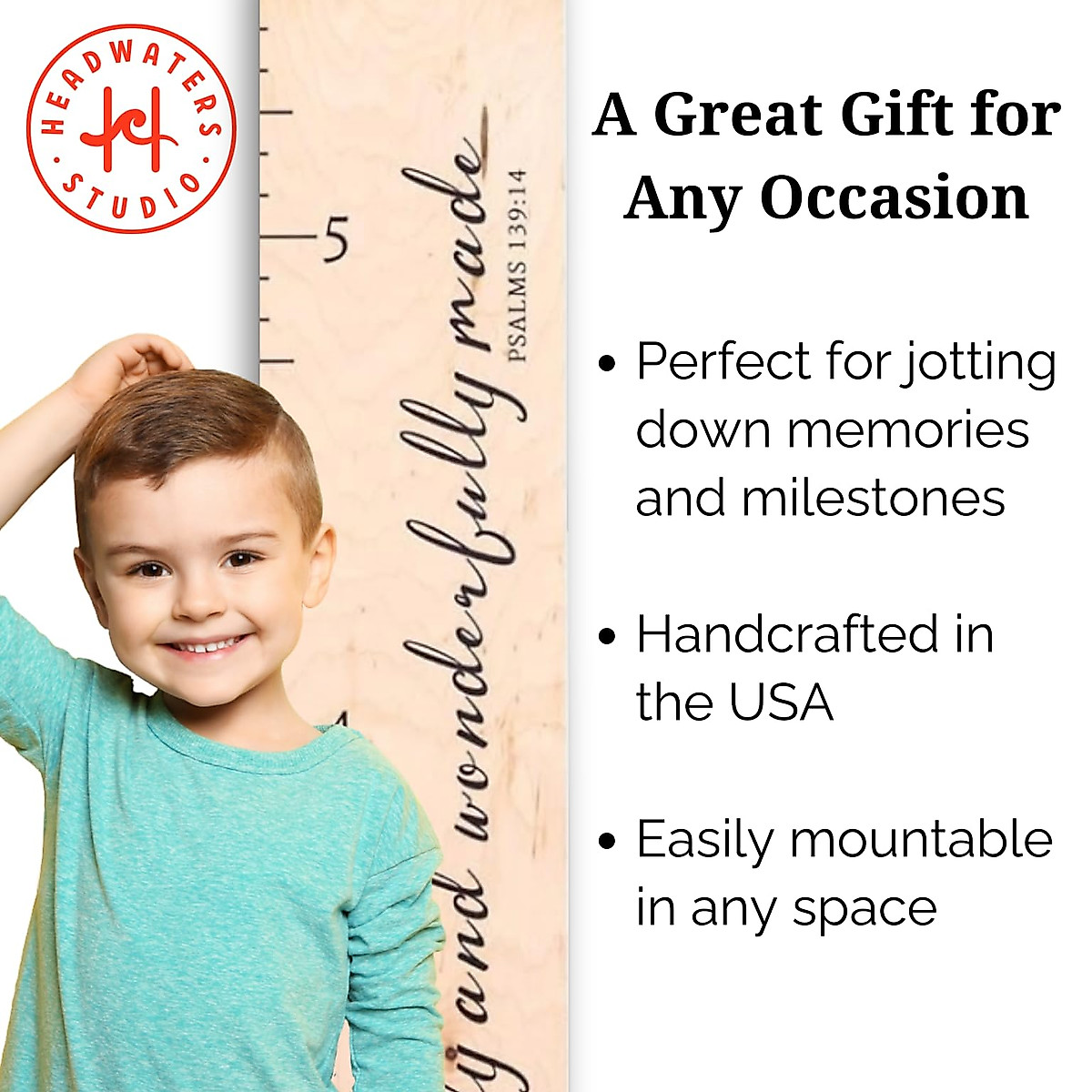 Headwaters Studio Wooden Growth Chart for Wall - Height Measurement for Kids, Wooden Growth Chart for Kids, Growth Chart for Wall, Kids Height - Scriptures - Fearfully Wonderfully Made - 46"x7.5"