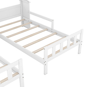 Harper & Bright Designs Double Twin Bed Frames for Kids,Wood Double Twin House Bed with House-Shaped Headboard and a Built-in Nightstand, Side by Side Montessori Twin Bed for Kids Girls Boys,White