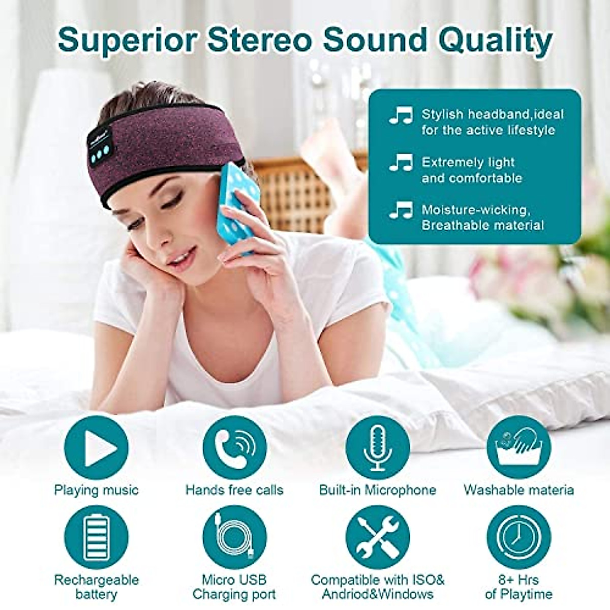 MUSICOZY Sleep Headphones Wireless Bluetooth Headband, Music Sports Sleeping Headband Headphones for Workout, Jogging, Yoga