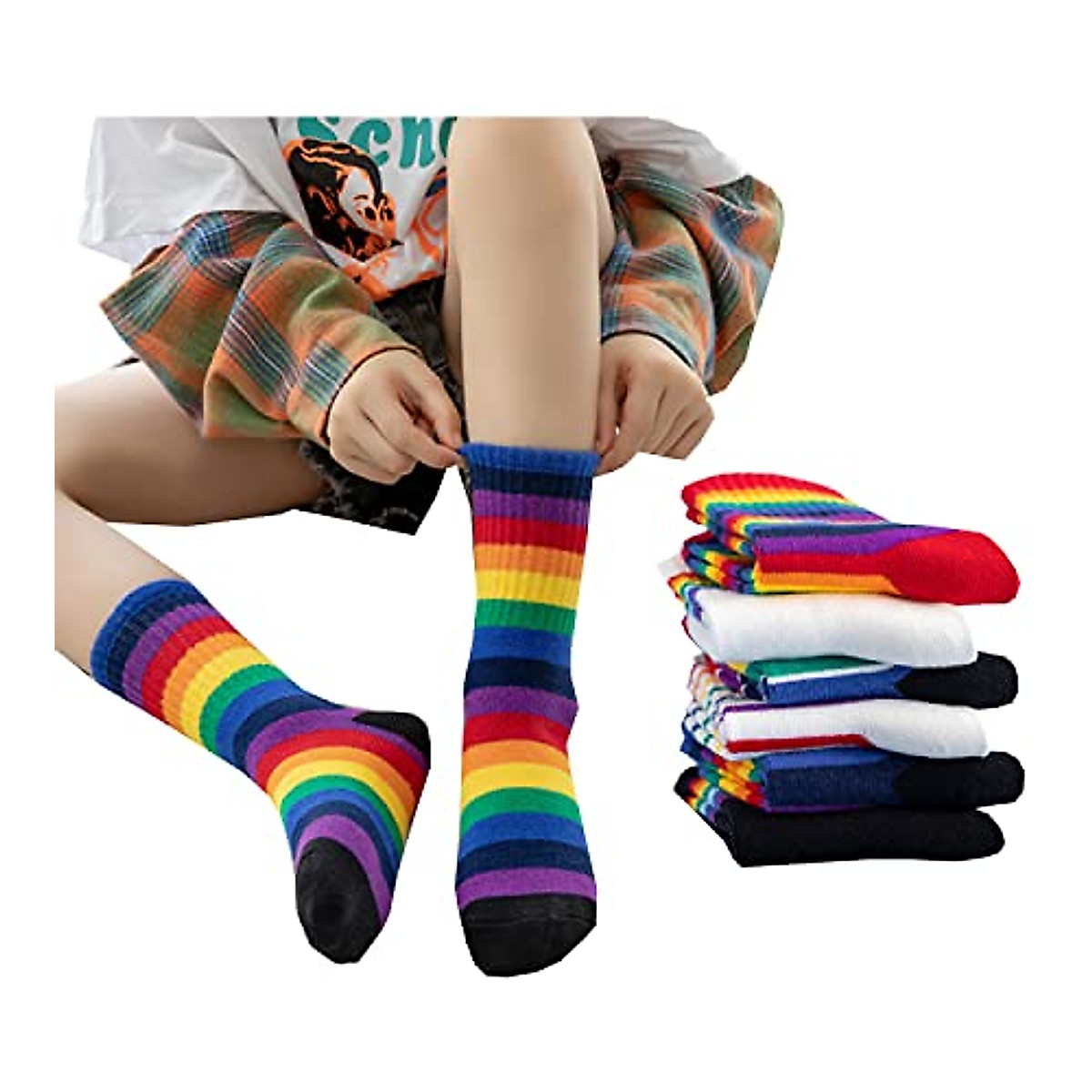 5 Pack Kids Toddler Big Little Girls Cotton Crew Socks Rainbow Stripes Cute Fun Socks