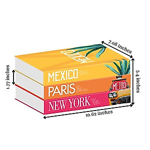 InspireMe Decorative Books for Home Decor, Faux Book Storage Box, Travel Table Books - Paris, New York, Mexico - Set of 3