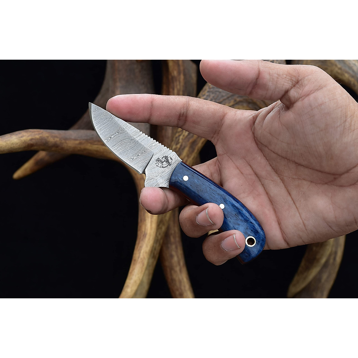 Knives Ranch Handmade Damascus Steel Full Tang 5-1/2" Cowboy Style Dandy Knife with Blue Dyed Cattle Bone Handle and Horizontal Carrying Crossdraw Sheath Snug Fit (2006-BLU)
