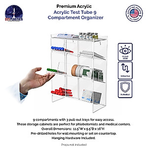 Tube Rack Clear Acrylic 9 Compartment 11.5"W x 5.5"D x 16"H Wall Mount with Hanging Hardware or Countertop Clinics Hospitals Food Industry and Pharmaceutical by Marketing Holders