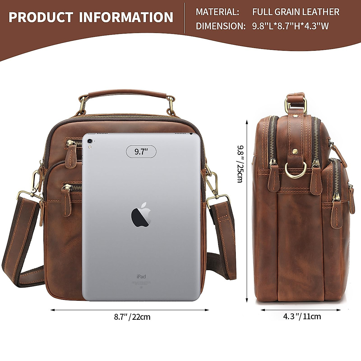 Jack&Chris Leather Man Purse Shoulder Bag,Small Mens Crossbody Messenger Bags for Work,Men Satchel Handbag,Brown2