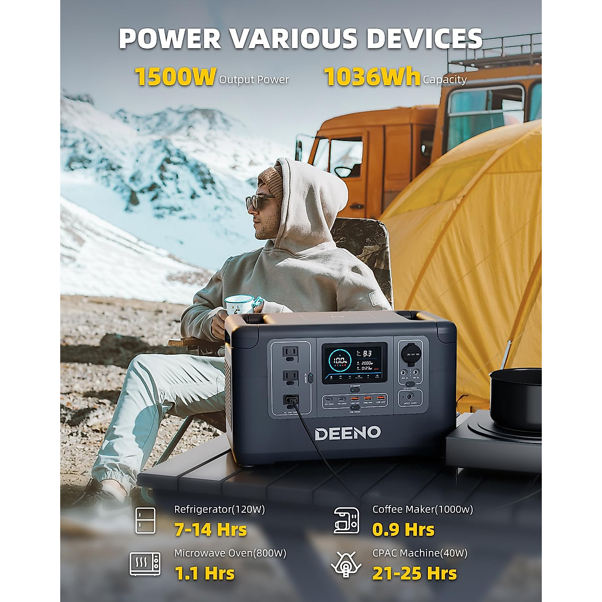 Portable Power Station with 200W Solar Panel, 1036Wh LiFePO4 (LFP) Battery, 1500W AC Outlets Solar Generator for Outdoors, Camping, RVs, Home Backup Power DEENO X1500